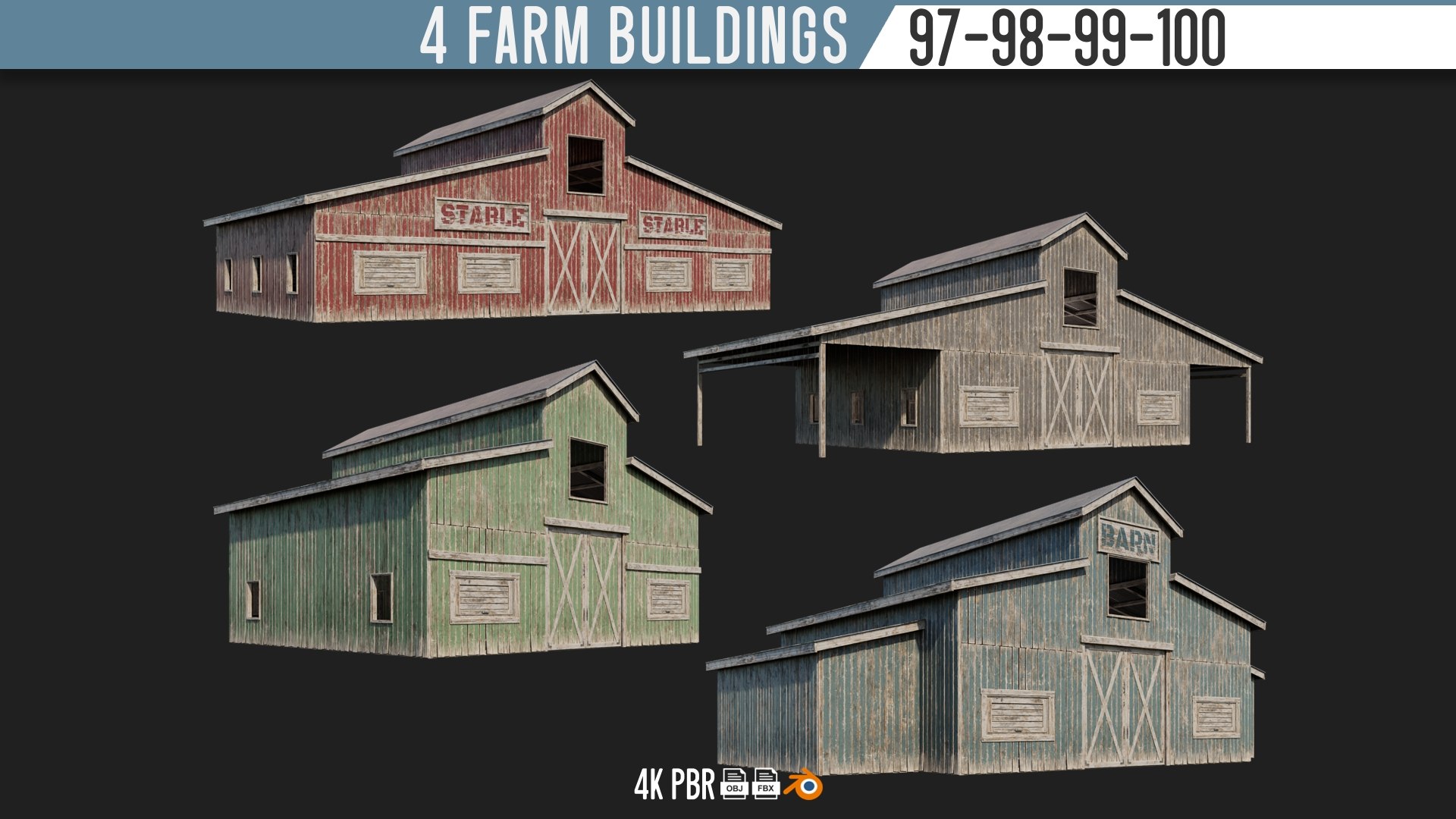 1 - 100 FARM BUILDINGS PACK 4K PBR Textures GameReady Model ...