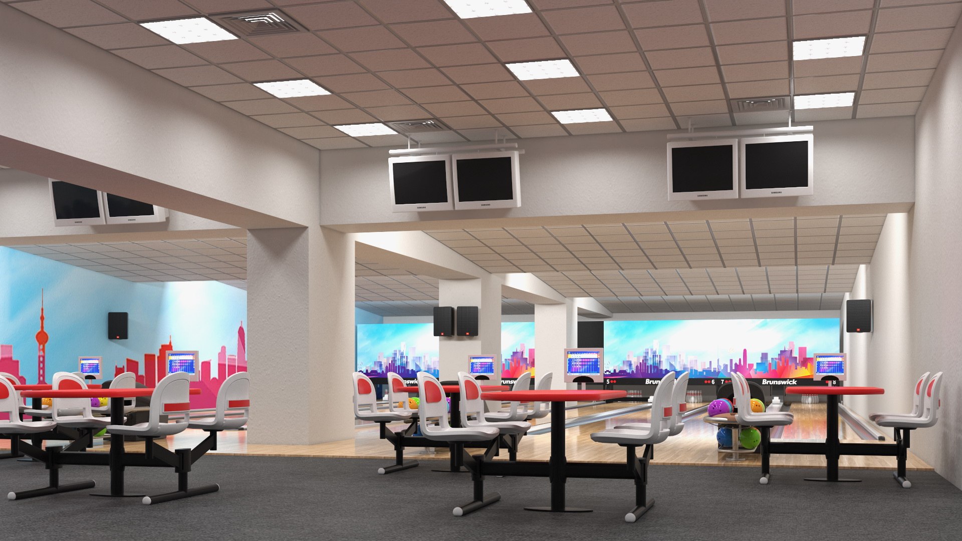 Interior Of Bowling Center With Furniture Model - TurboSquid 1992618