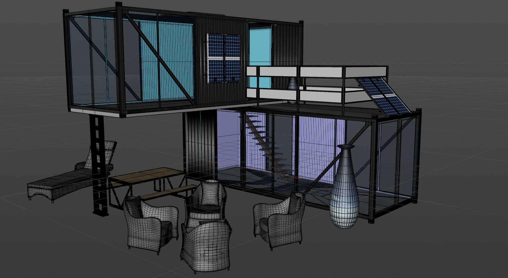 Cargo Container House With Basic Interior And Solar Panels 3D ...