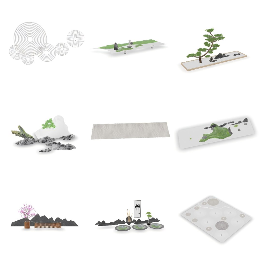 3D Japanese Zen Garden Dry Landscape 3D Model Set SKP FBX OBJ STL 3D ...