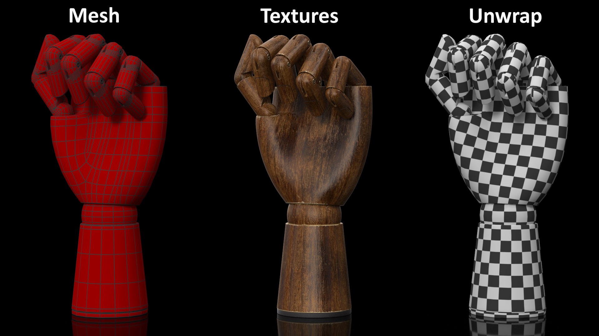 3D Hand with Posable Fingers Dark Wood Fist Pose - TurboSquid 1991640