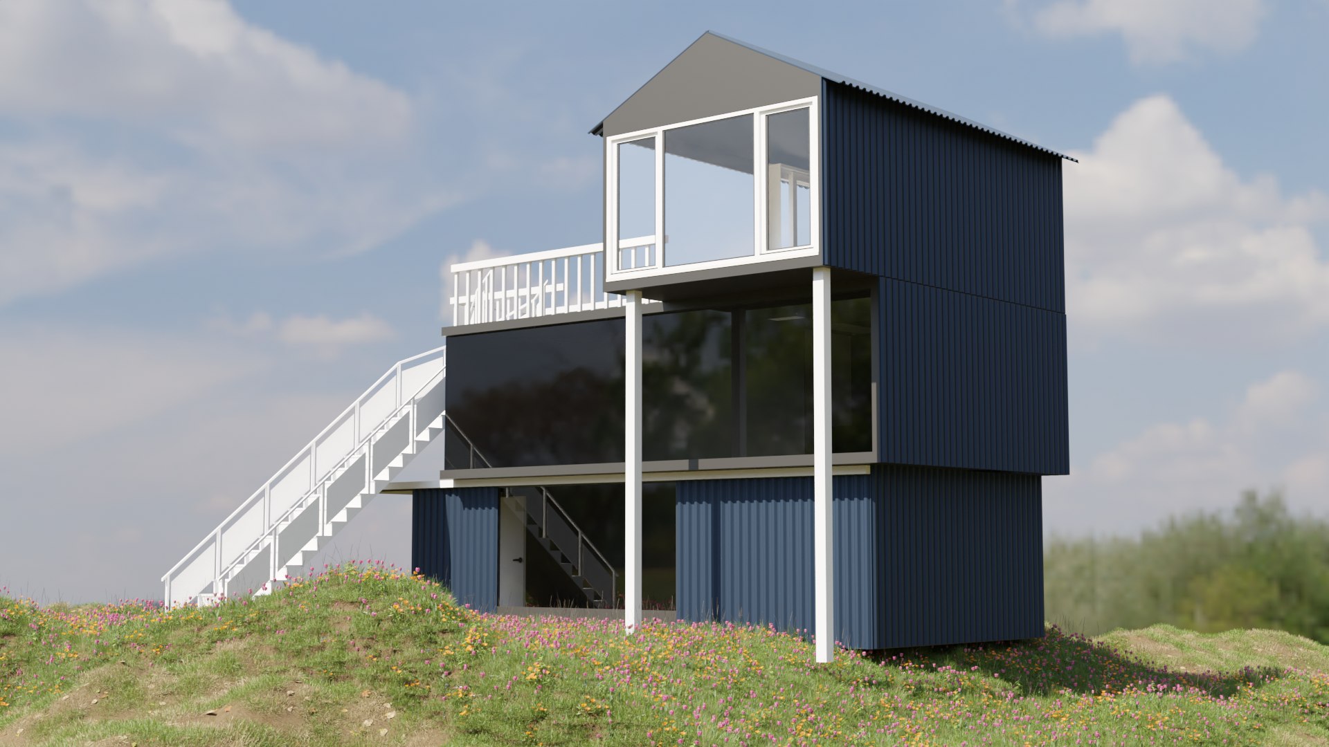 Modern Ship Container House With Outside Stair And Glass 3D Model ...