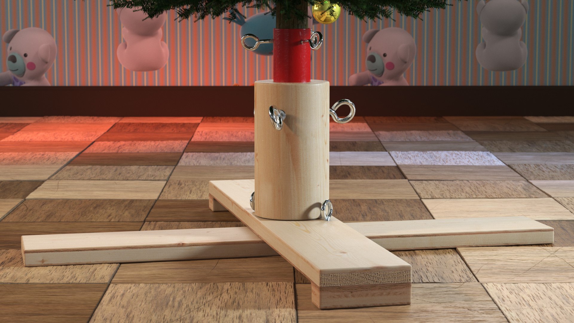 Wooden Christmas Tree Stand With Red Metal 3D Model - TurboSquid 1953289