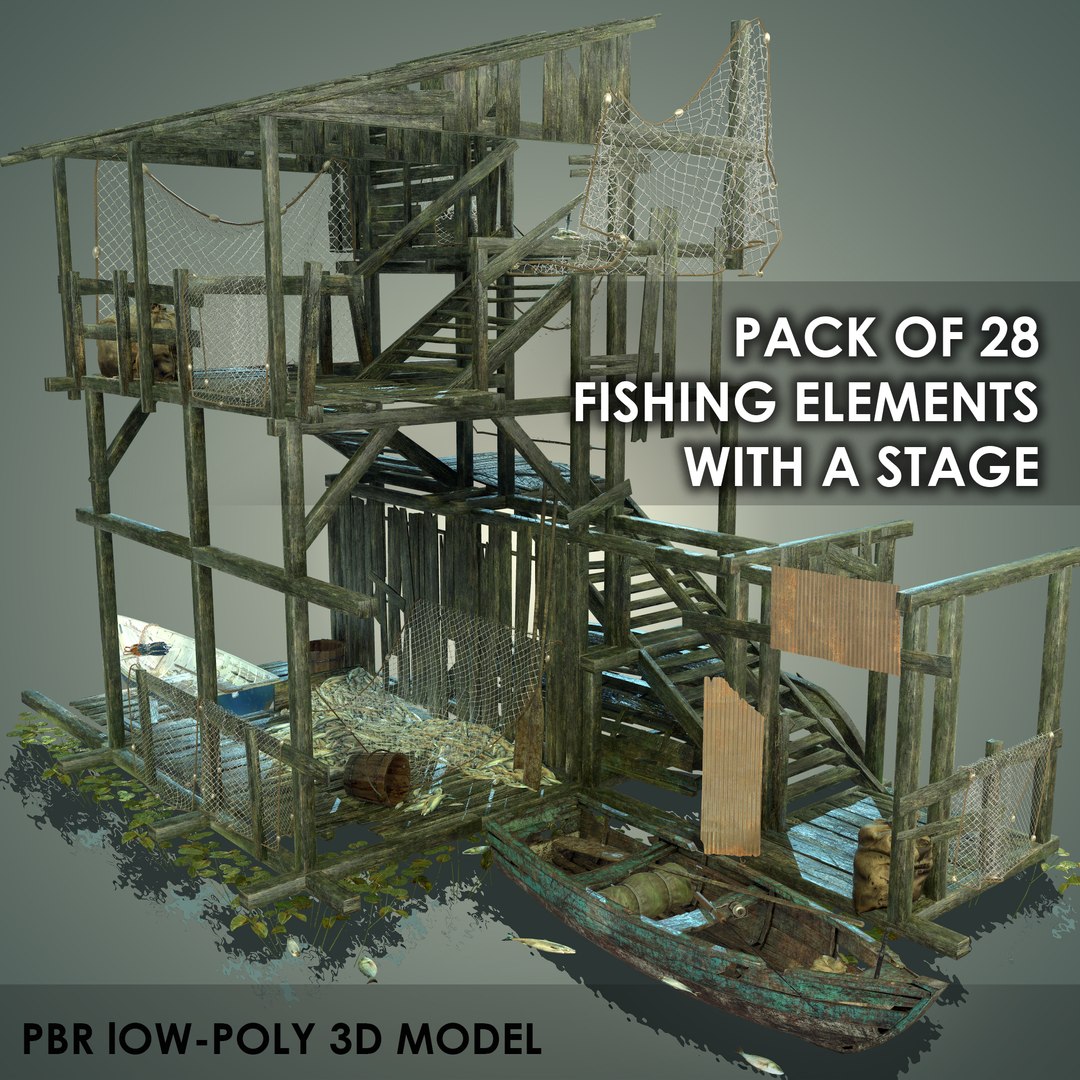 3D PACK OF 28 FISHING ELEMENTS WITH A STAGE Low-poly 3D Model ...
