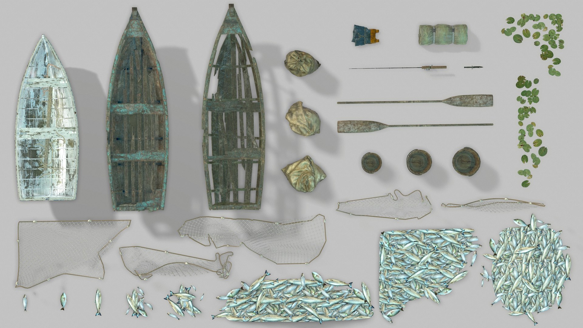 3D PACK OF 28 FISHING ELEMENTS WITH A STAGE Low-poly 3D Model ...