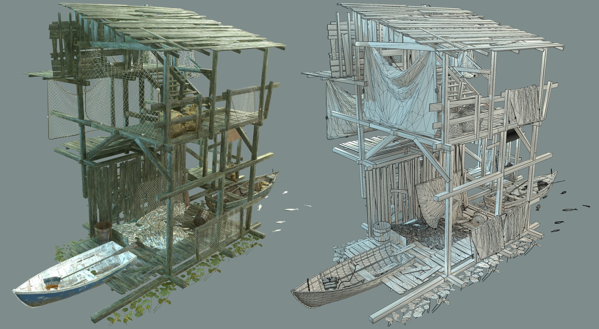 3D PACK OF 28 FISHING ELEMENTS WITH A STAGE Low-poly 3D Model ...