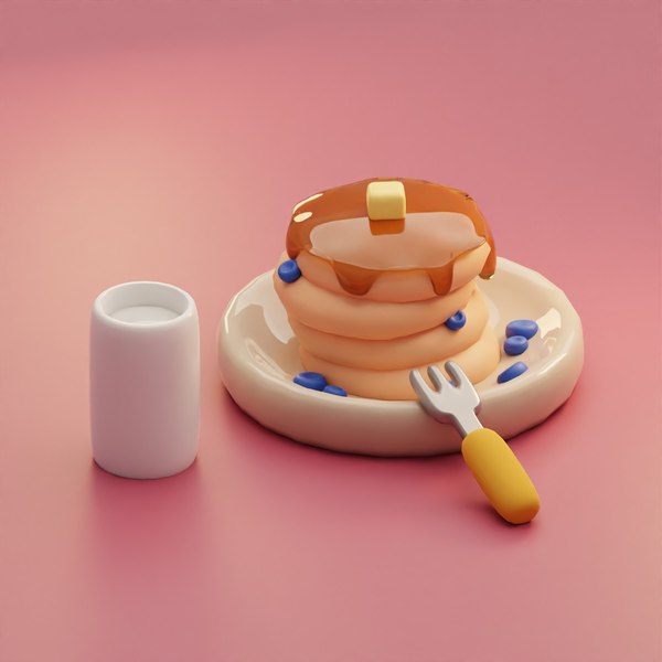 Modelo 3d Isometric Stylized Cartoon Pancakes With Honey And Glass Of Milk Low Poly 3d Model