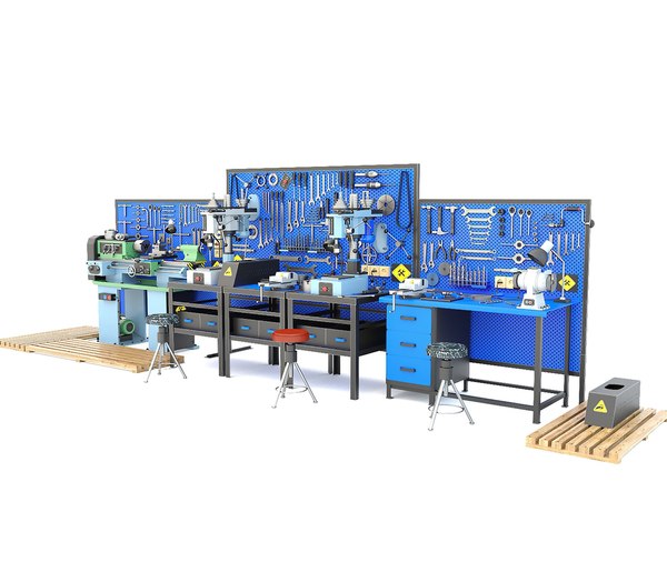 Industrial workbench garage tools and lathe drilling machine3D模型 ...
