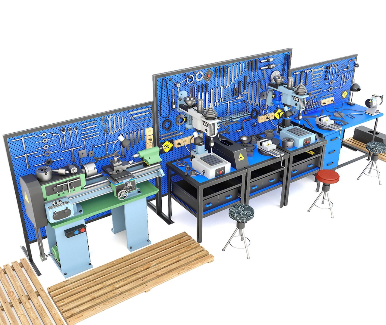 3D Industrial Workbench Garage Tools And Lathe Drilling Machine ...