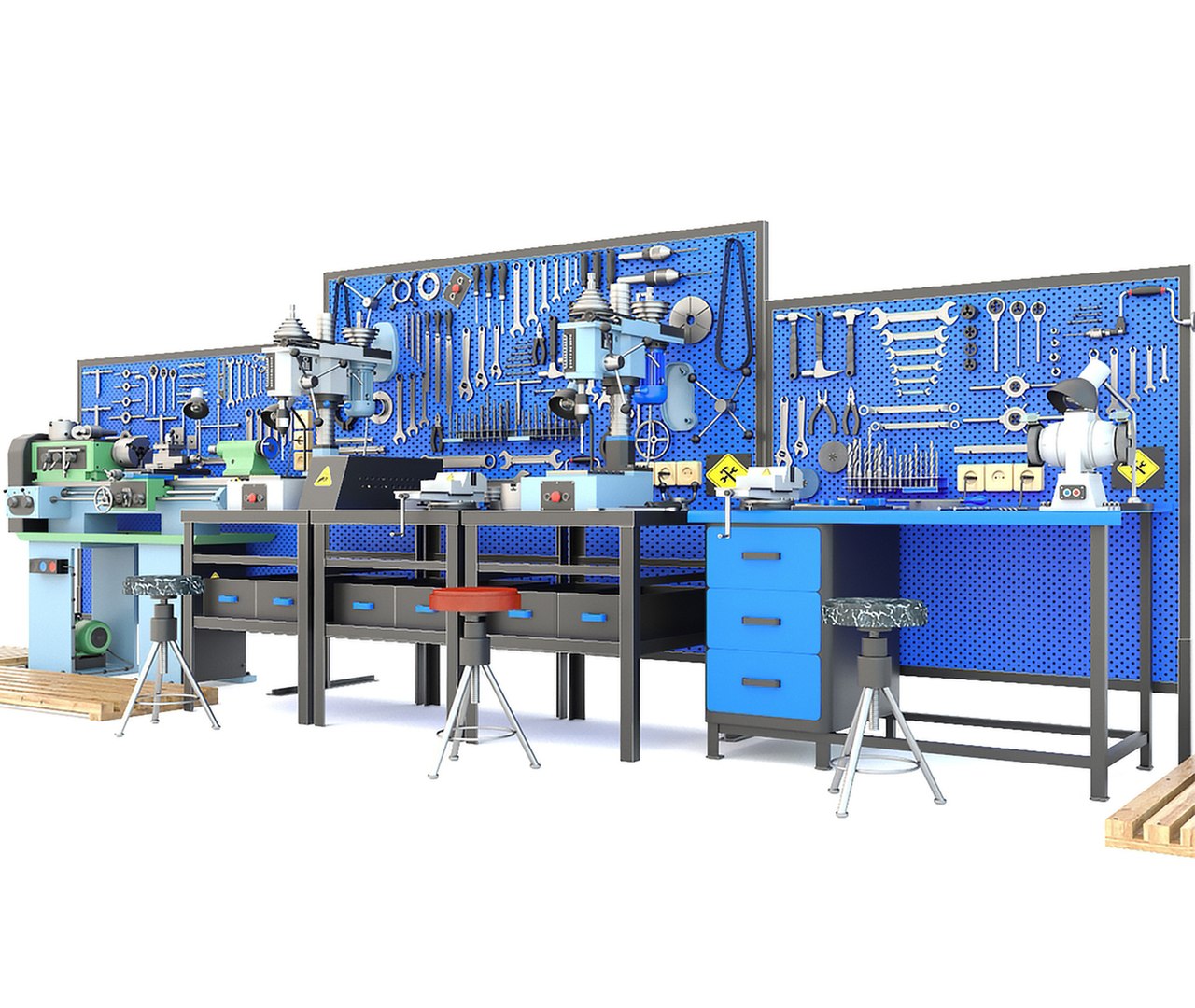 3D Industrial Workbench Garage Tools And Lathe Drilling Machine ...