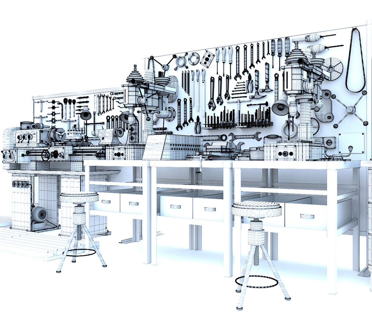 3D Industrial Workbench Garage Tools And Lathe Drilling Machine ...