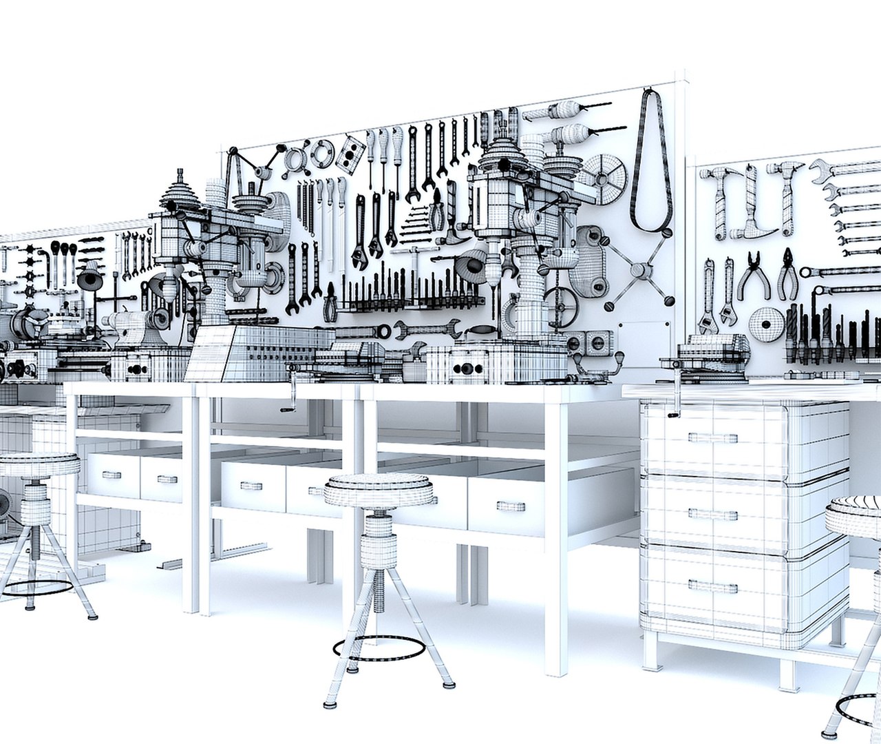 3D Industrial Workbench Garage Tools And Lathe Drilling Machine ...