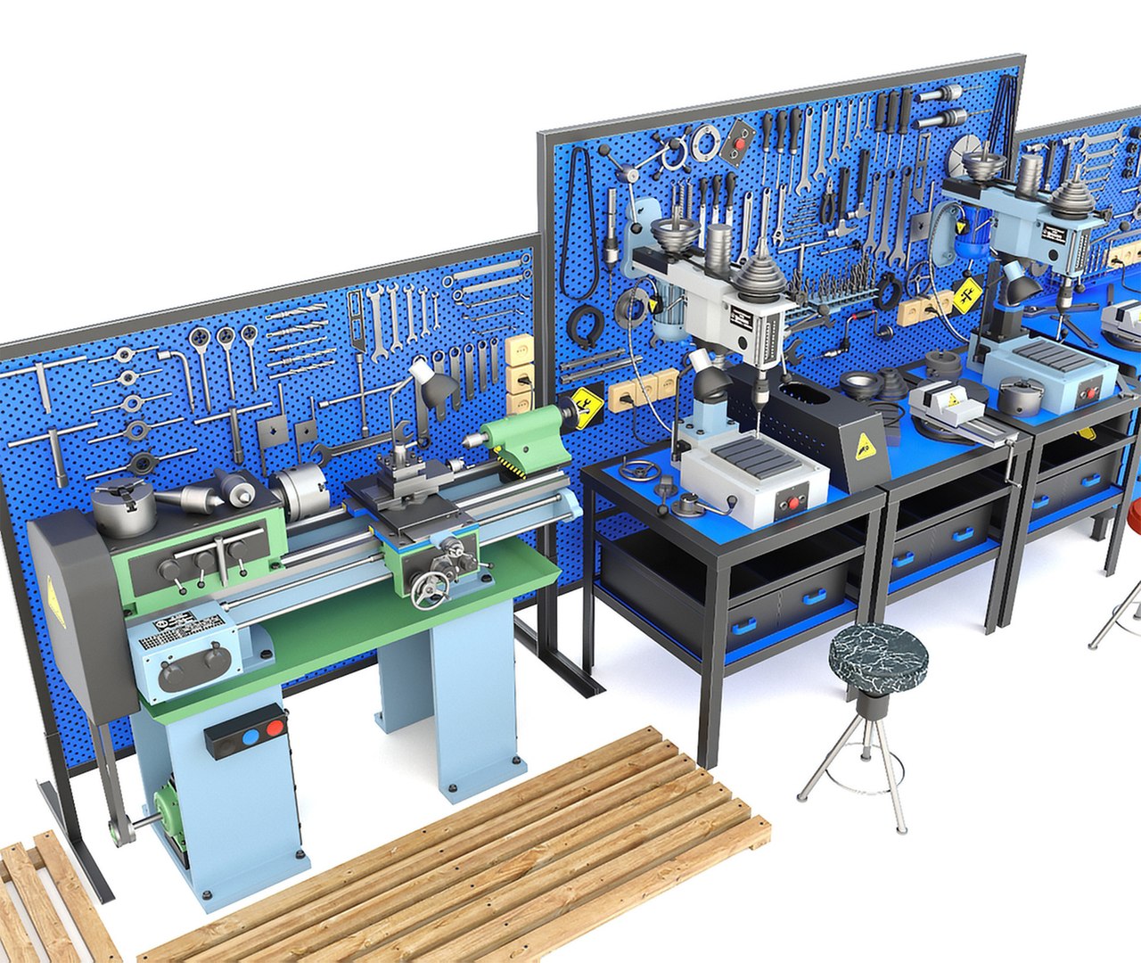 3D Industrial Workbench Garage Tools And Lathe Drilling Machine ...