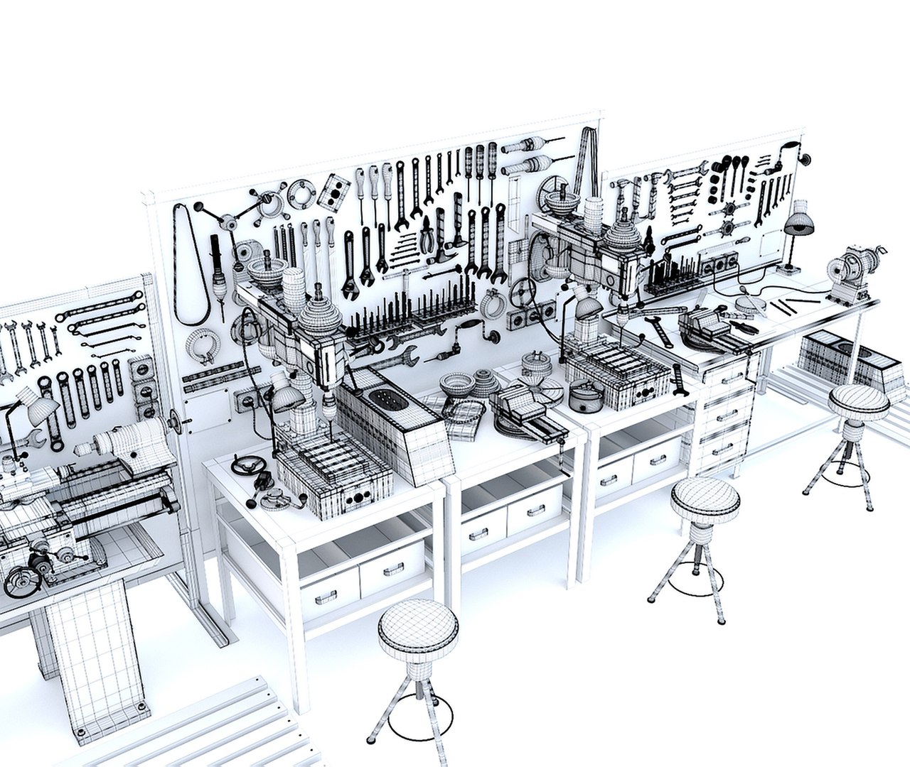 3D Industrial Workbench Garage Tools And Lathe Drilling Machine ...