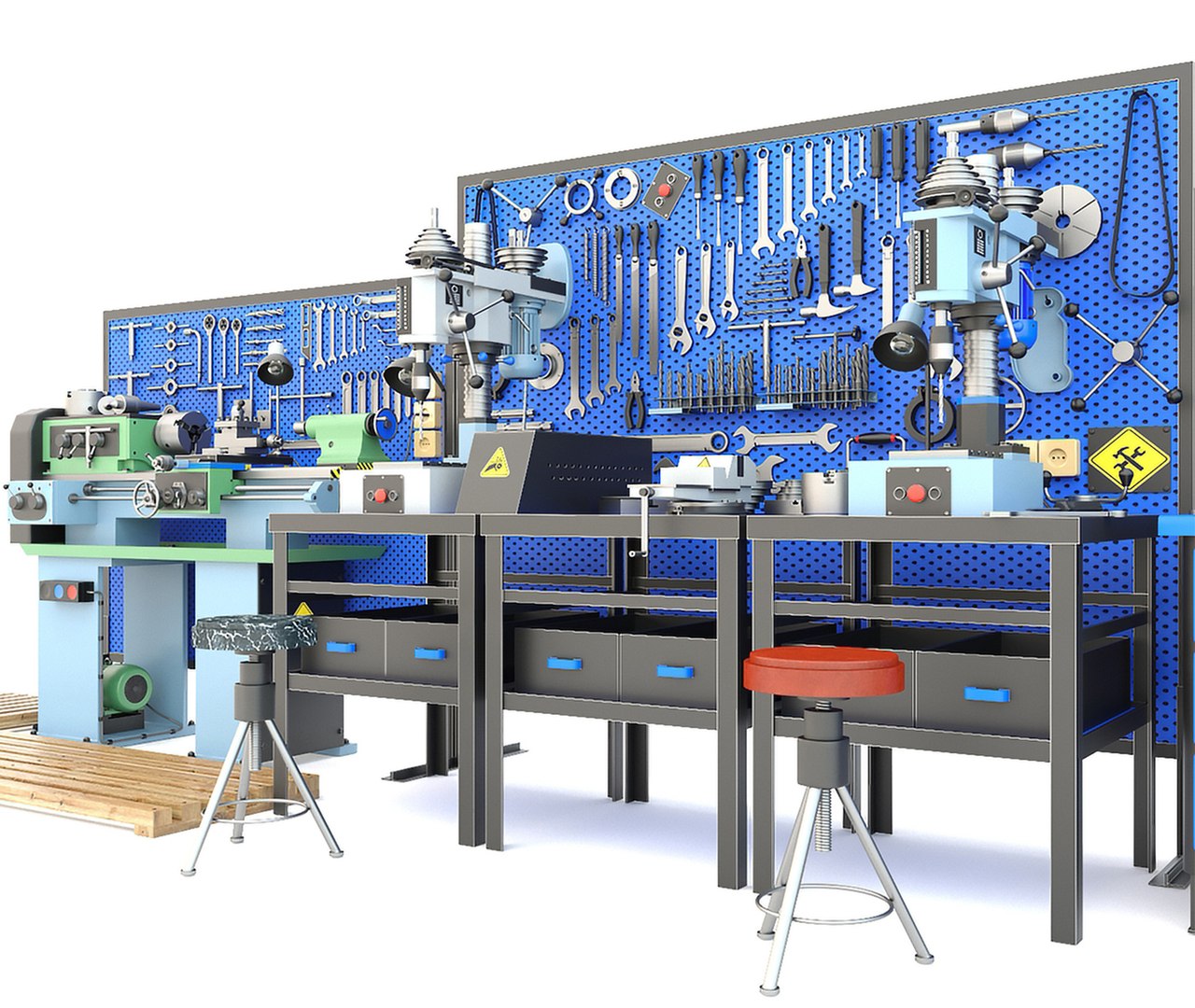 3D Industrial Workbench Garage Tools And Lathe Drilling Machine ...