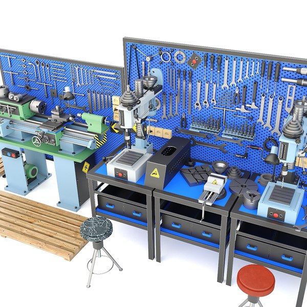 Industrielle Werkbank-Werkstattwerkzeuge und Drehbohrmaschine 3D-Modell ...