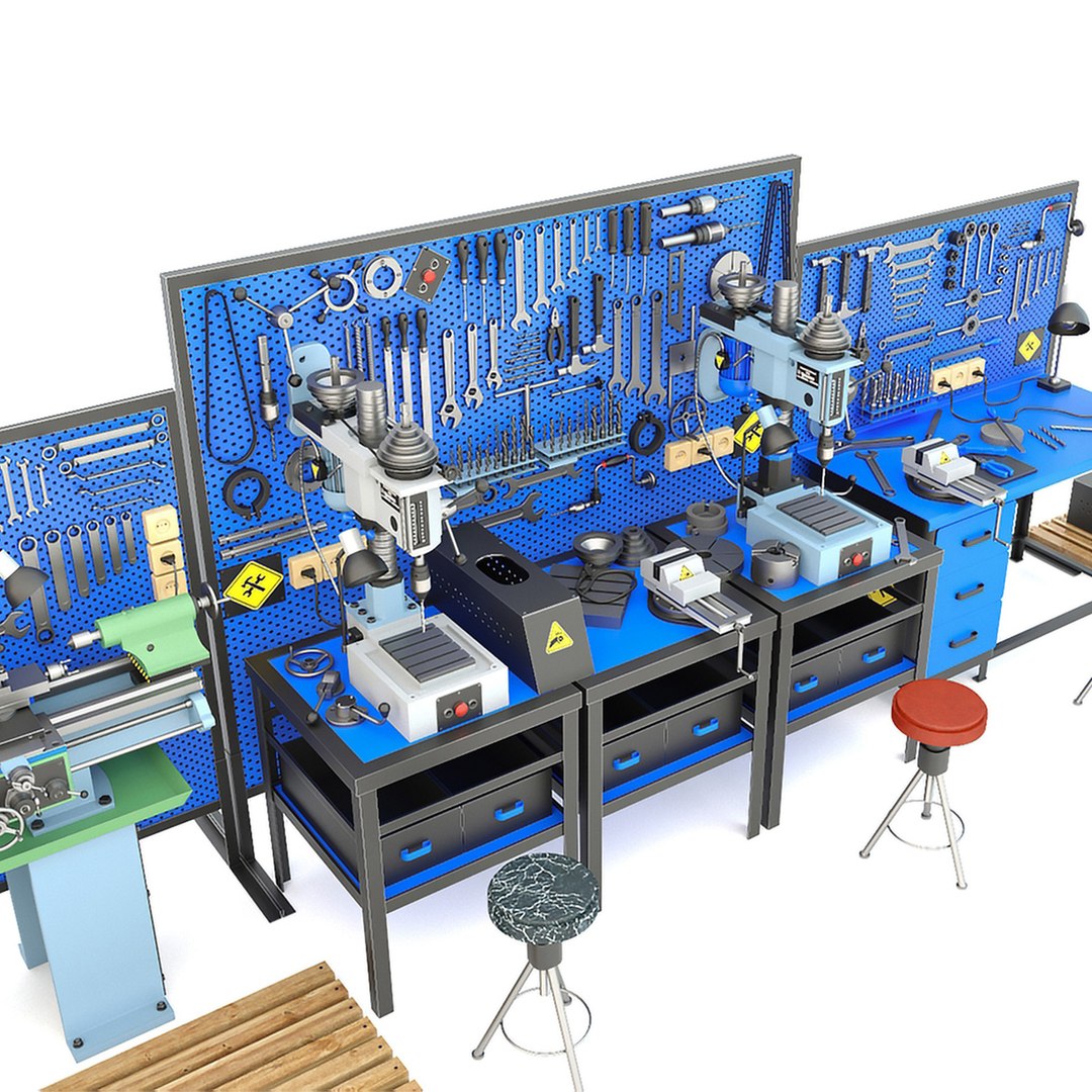 3D Industrial Workbench Garage Tools And Lathe Drilling Machine ...