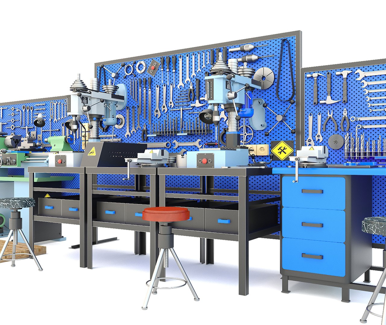 3D Industrial Workbench Garage Tools And Lathe Drilling Machine ...