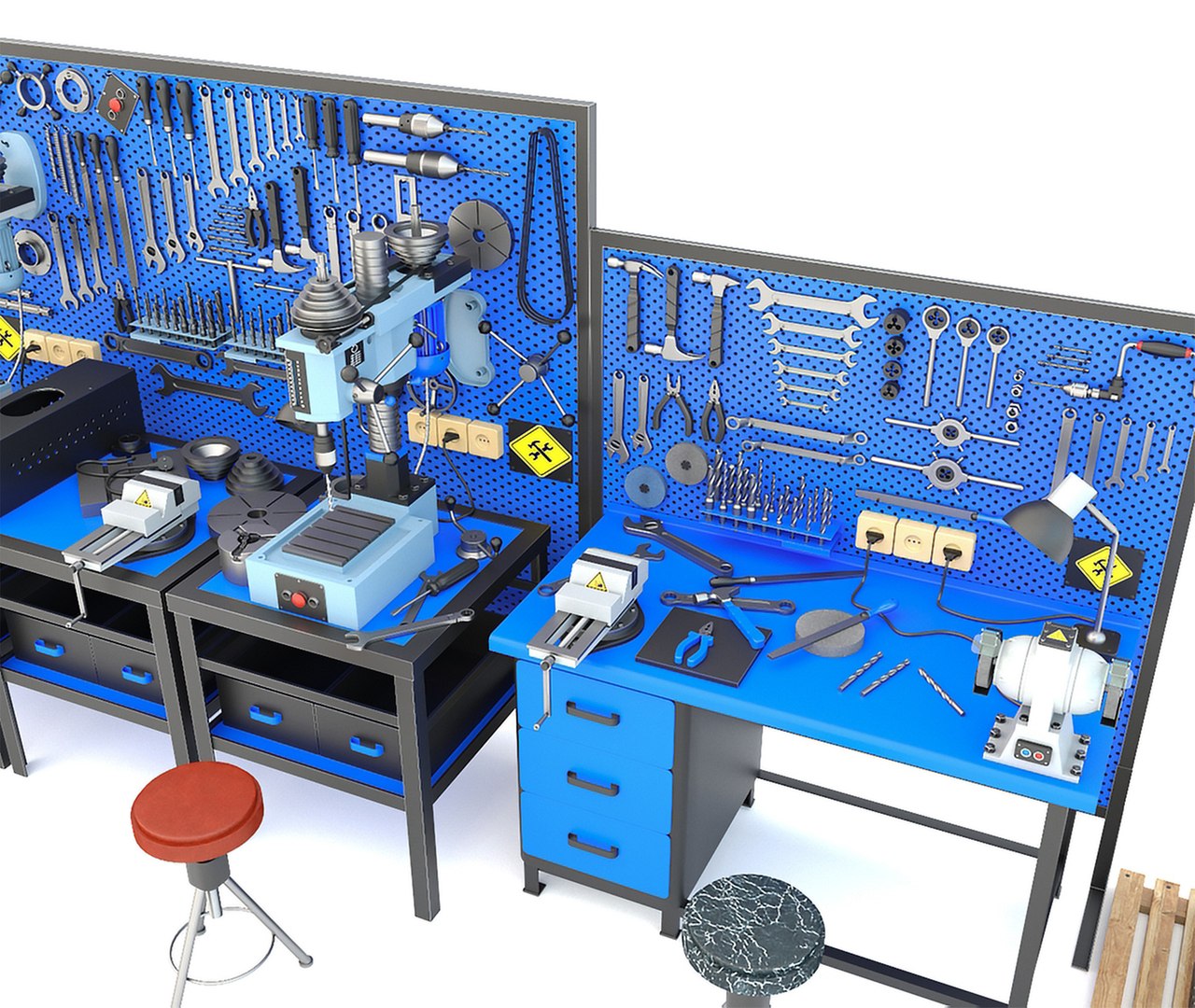 3D Industrial Workbench Garage Tools And Lathe Drilling Machine ...