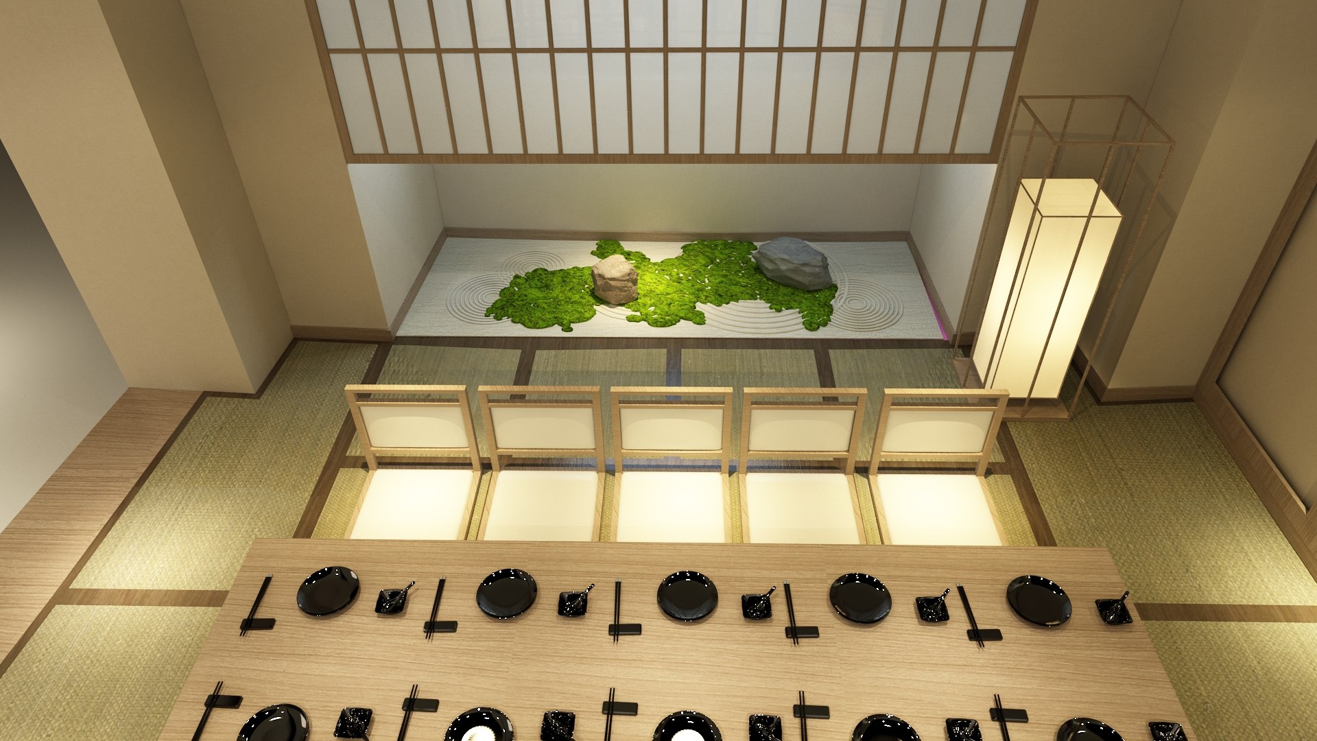 Traditional Japanese Tatami Dining Room With Zen Garden And Shoji ...