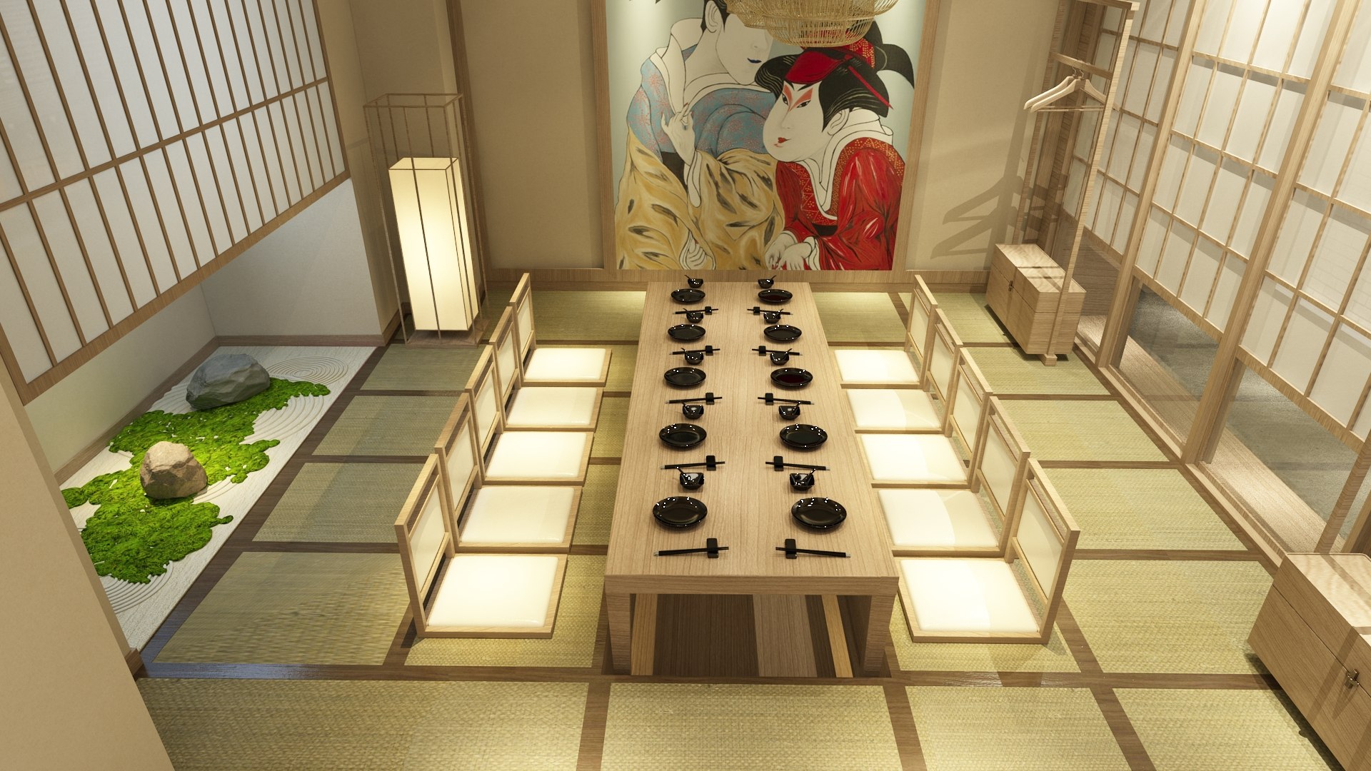 Traditional Japanese Tatami Dining Room With Zen Garden And Shoji ...