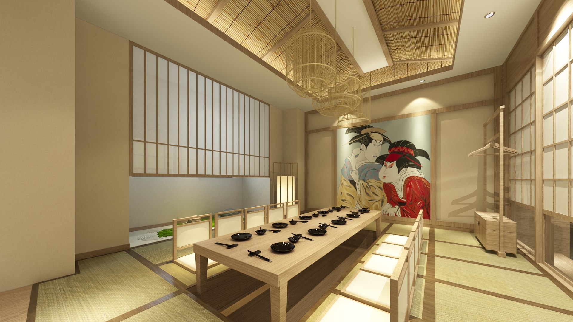 Traditional Japanese Tatami Dining Room With Zen Garden And Shoji ...