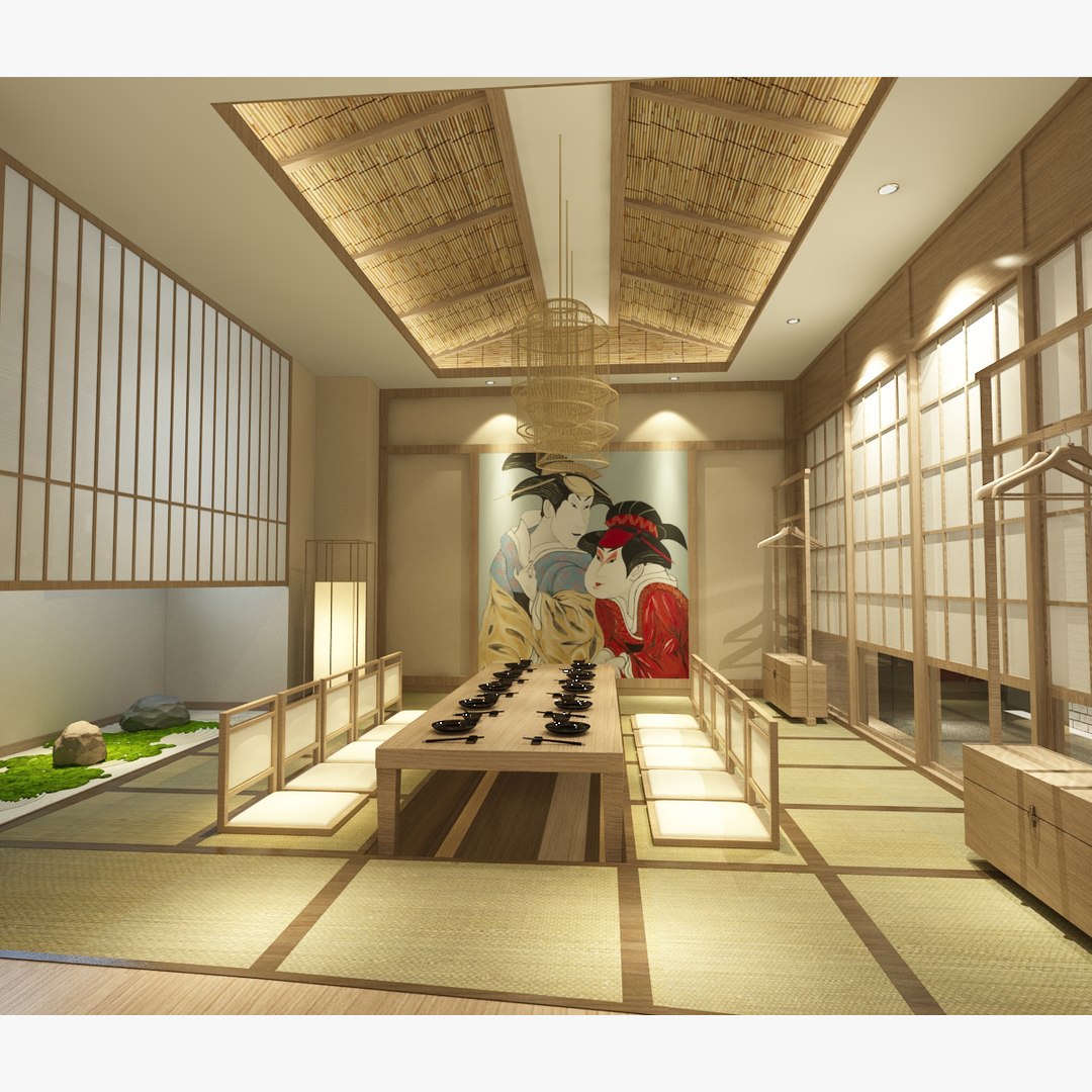 Traditional Japanese Tatami Dining Room With Zen Garden And Shoji ...