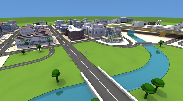 cartoon city downtown 3d obj