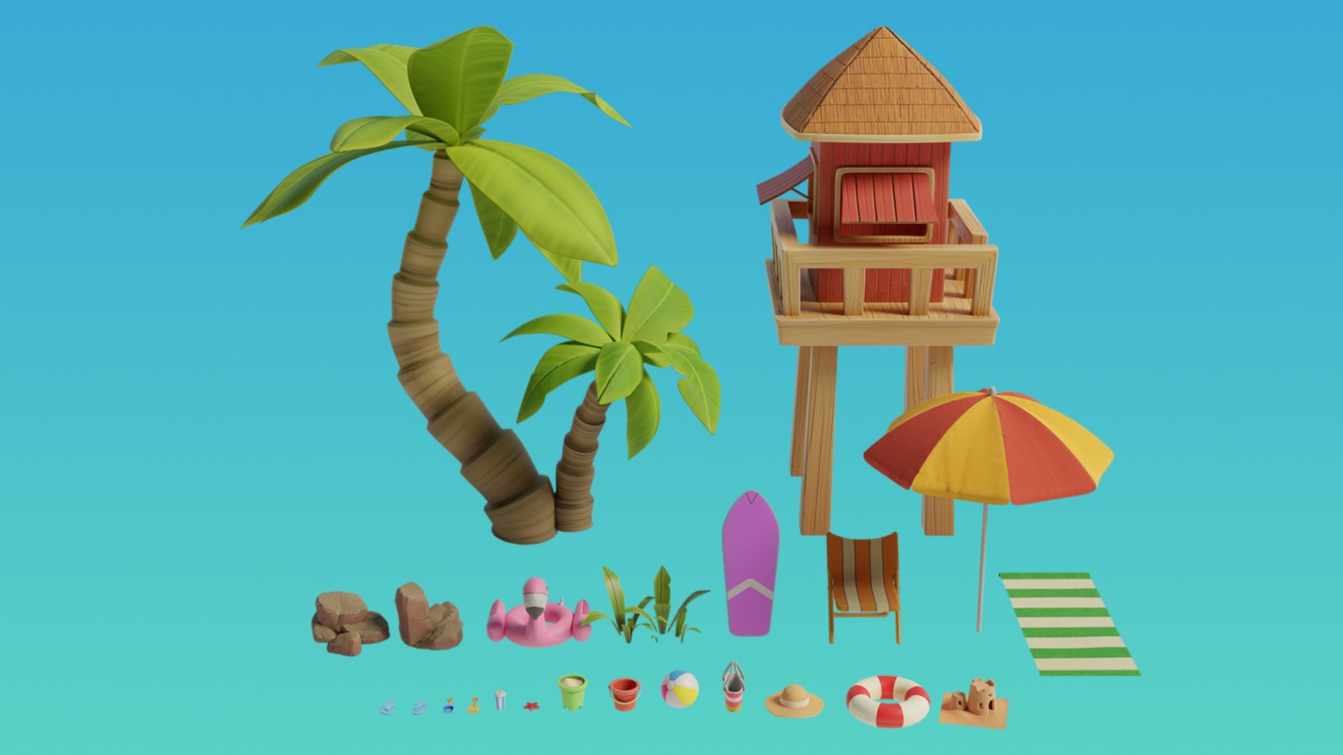 3D Summer Beach Assets Model Bundle Pack - TurboSquid 2315555