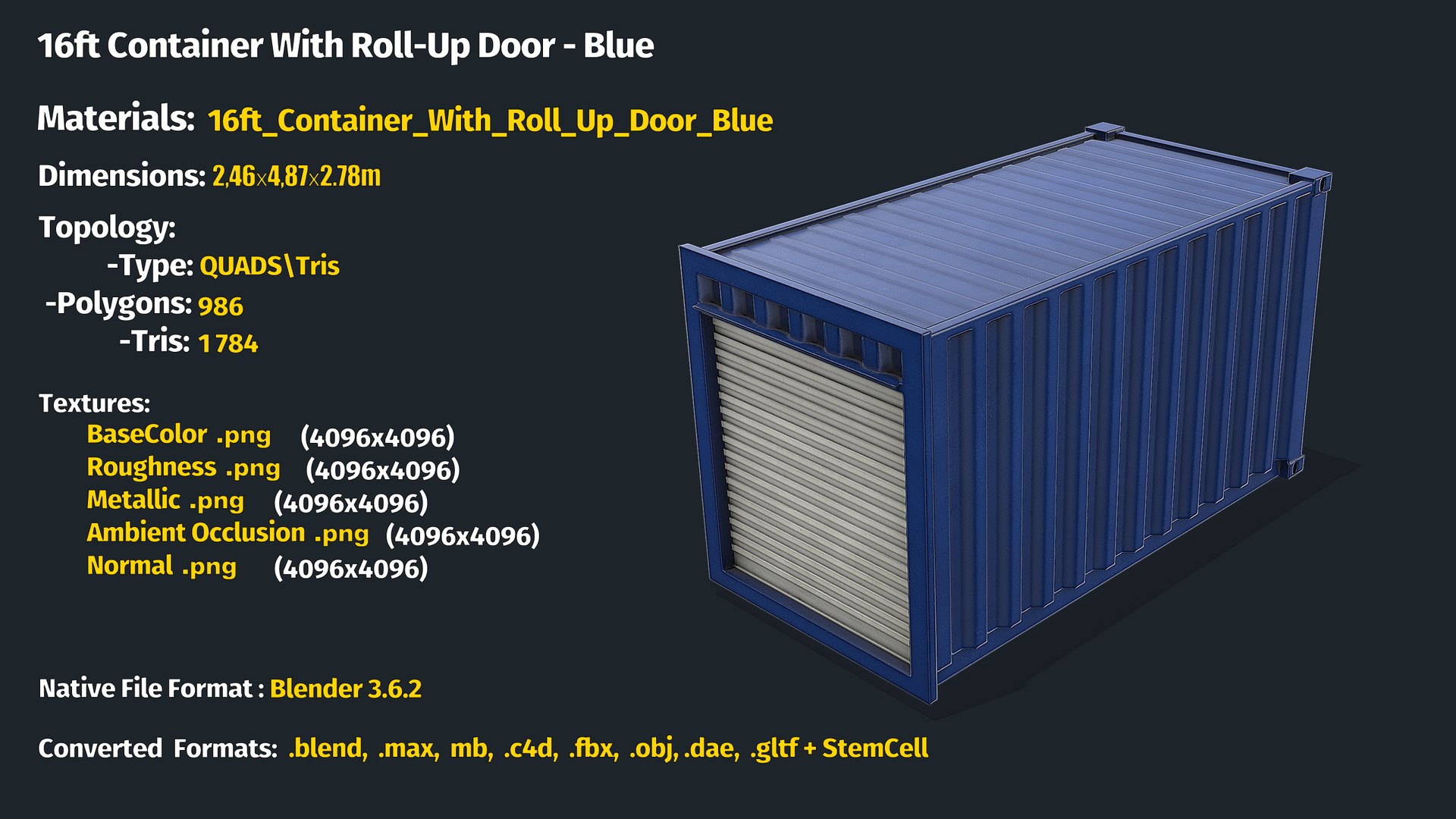 3D 16ft Container With Roll-Up Door - Blue model - TurboSquid 2150172