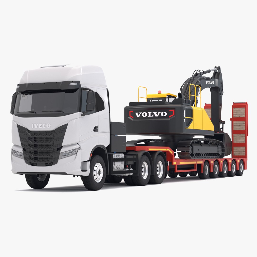 Iveco S-WAY Tractor And Lowboy Trailer With Excavator Volvo EC300E 3D Model - TurboSquid 1811493