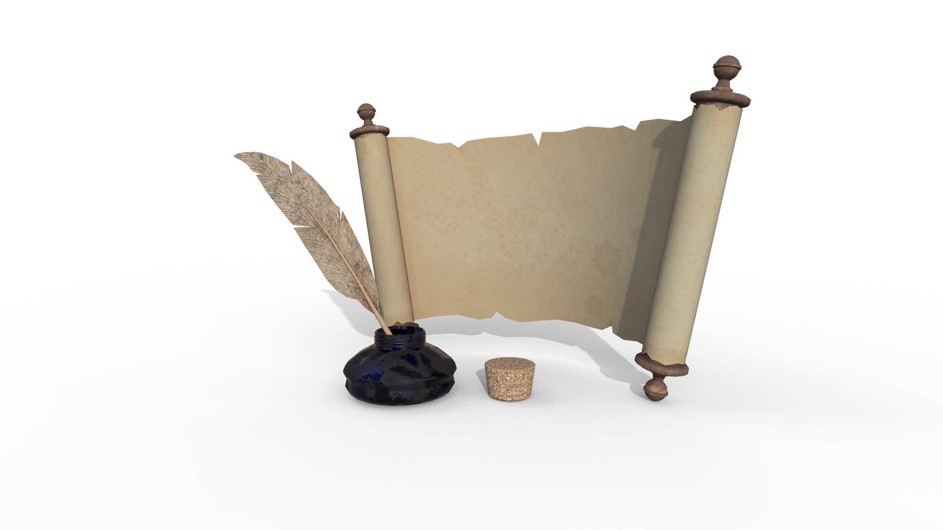 Set of papyrus scroll and inkwell with stopper and quill PBR Low-poly ...
