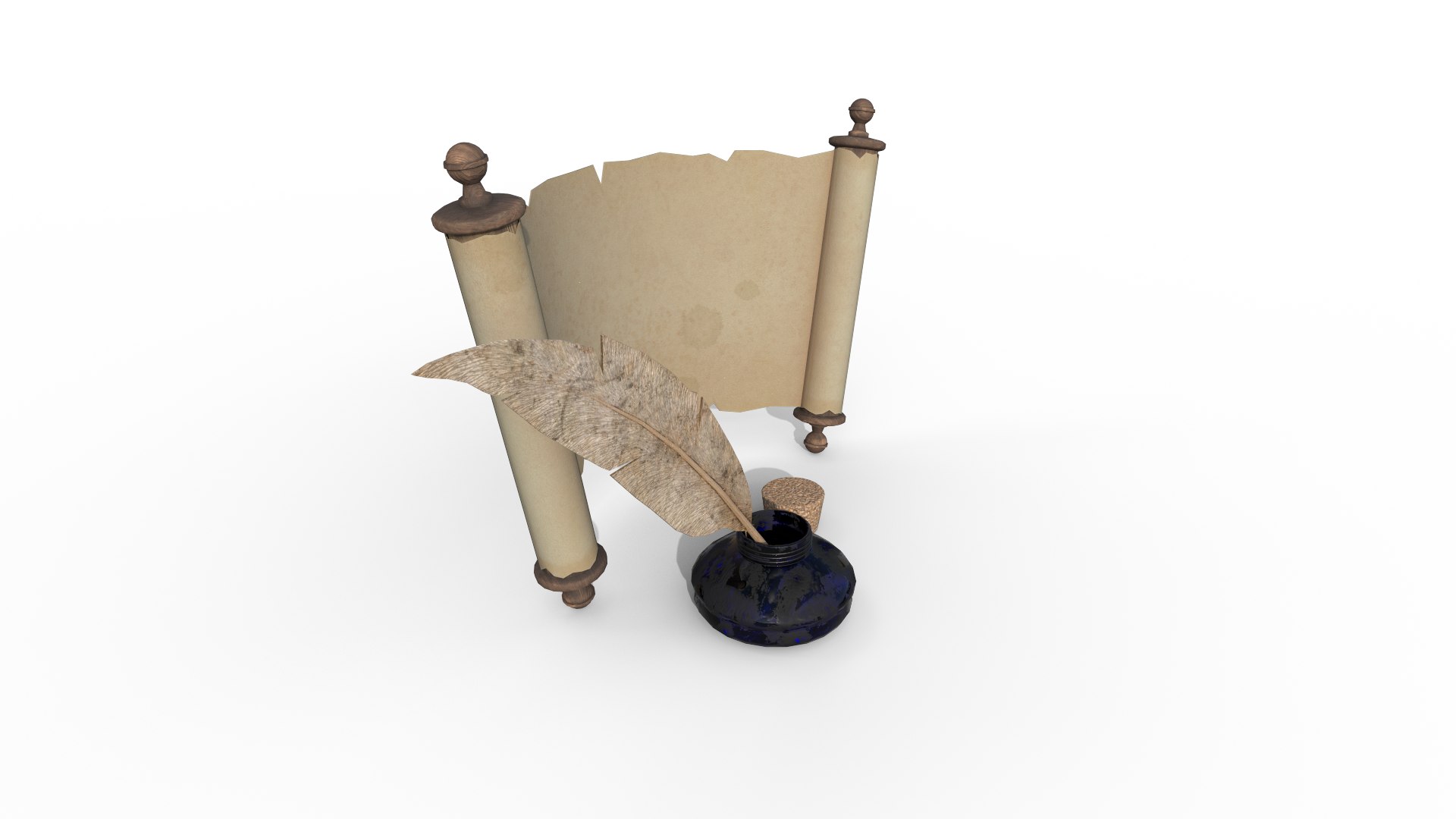 Set of papyrus scroll and inkwell with stopper and quill PBR Low-poly ...
