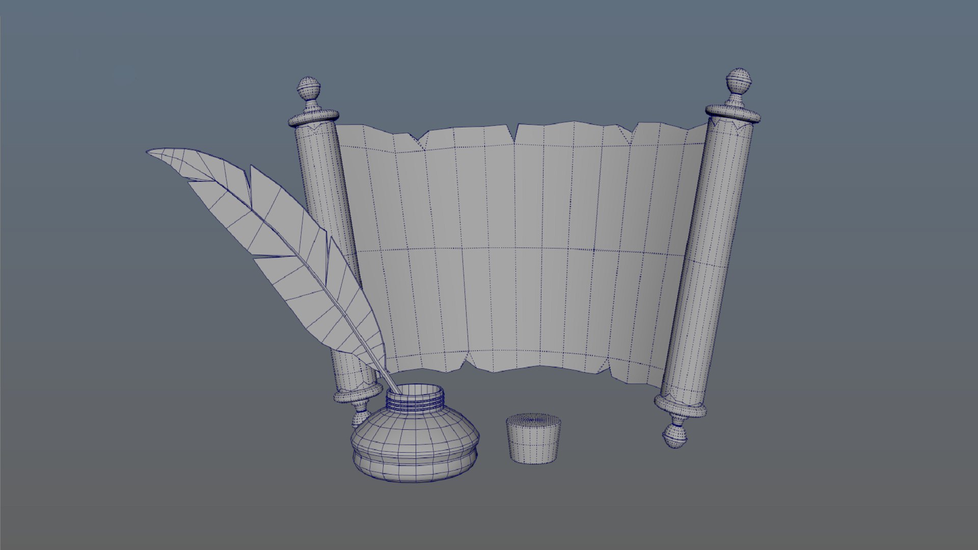 Set of papyrus scroll and inkwell with stopper and quill PBR Low-poly ...