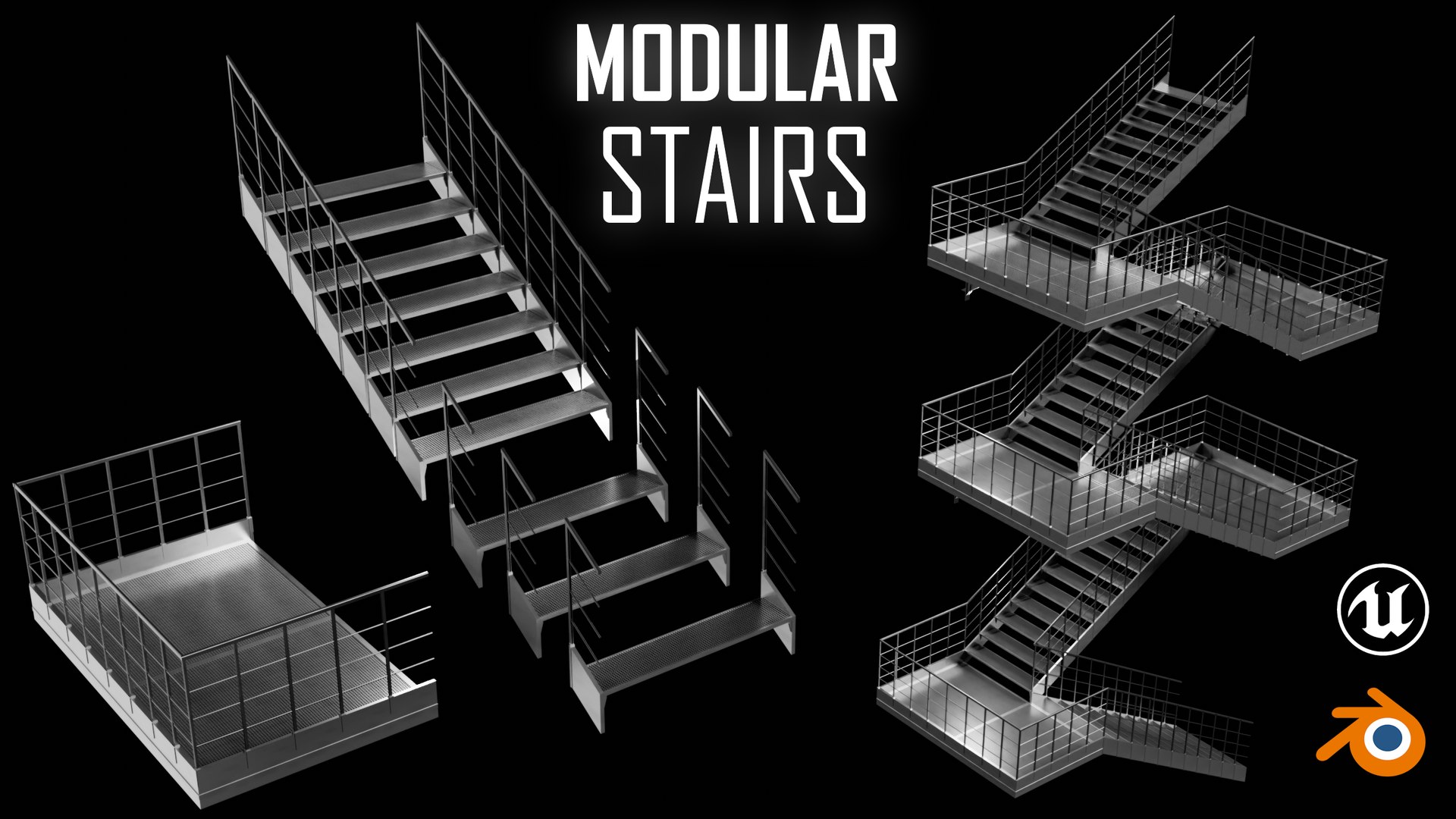 3D Modular Stairs Kitbash - Game And Render Ready - TurboSquid 2290875