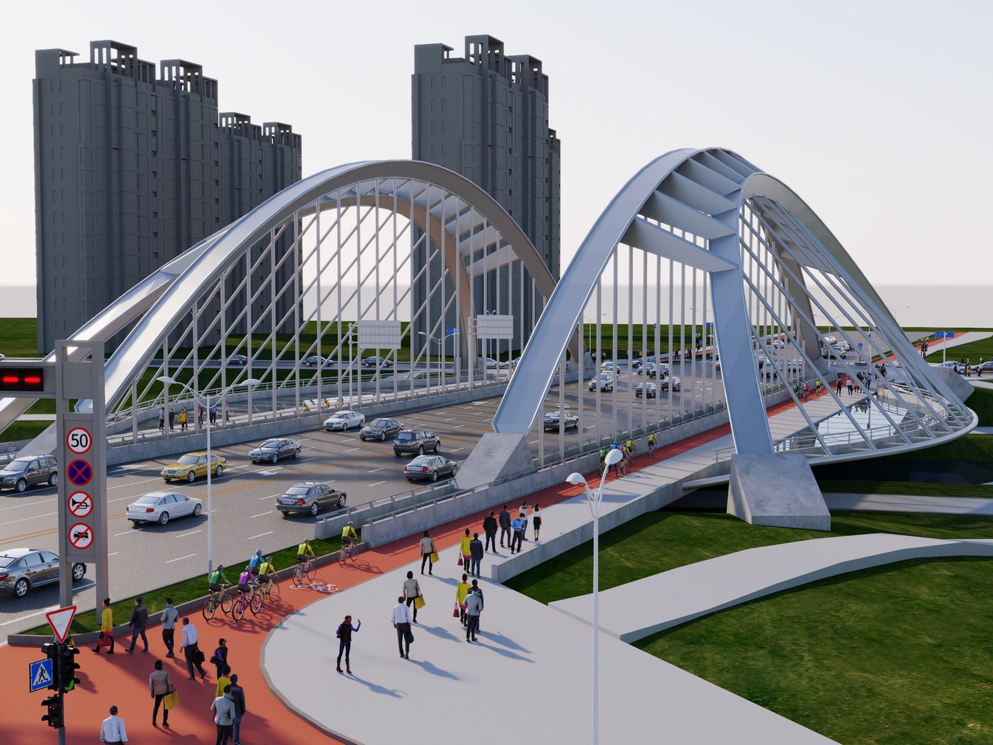 Modern Arch Bridge With Urban Road Scene 3D Model - TurboSquid 2506137