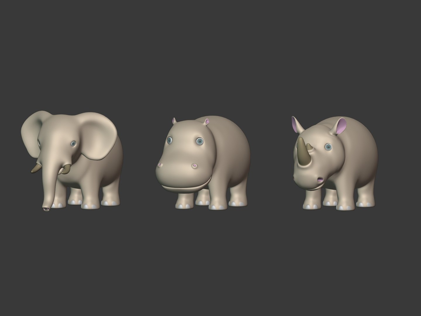 3D Cartoon Animals Pack - Elephant --Rhinoceros -- Hippopotamus ...