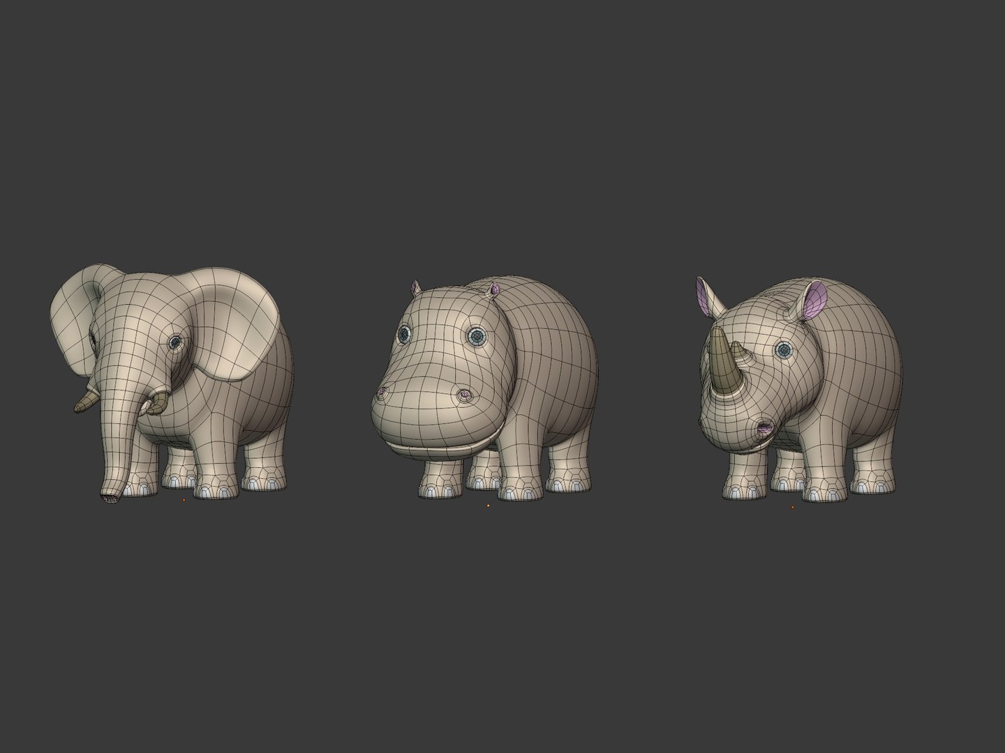 3D Cartoon Animals Pack - Elephant --Rhinoceros -- Hippopotamus ...