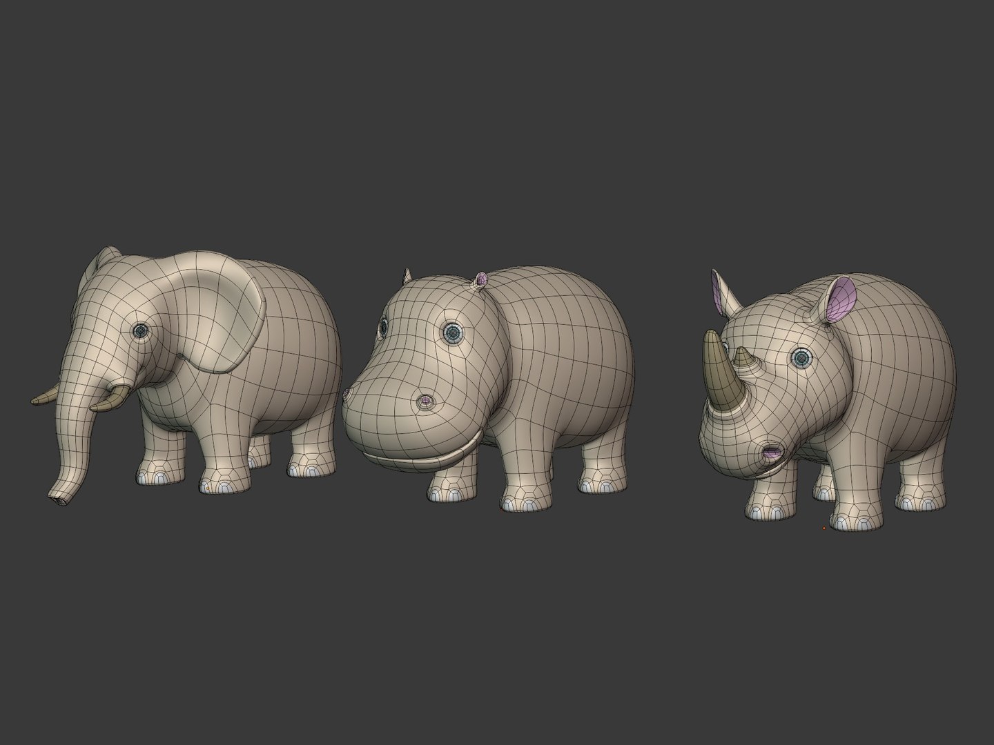 3D Cartoon Animals Pack - Elephant --Rhinoceros -- Hippopotamus ...