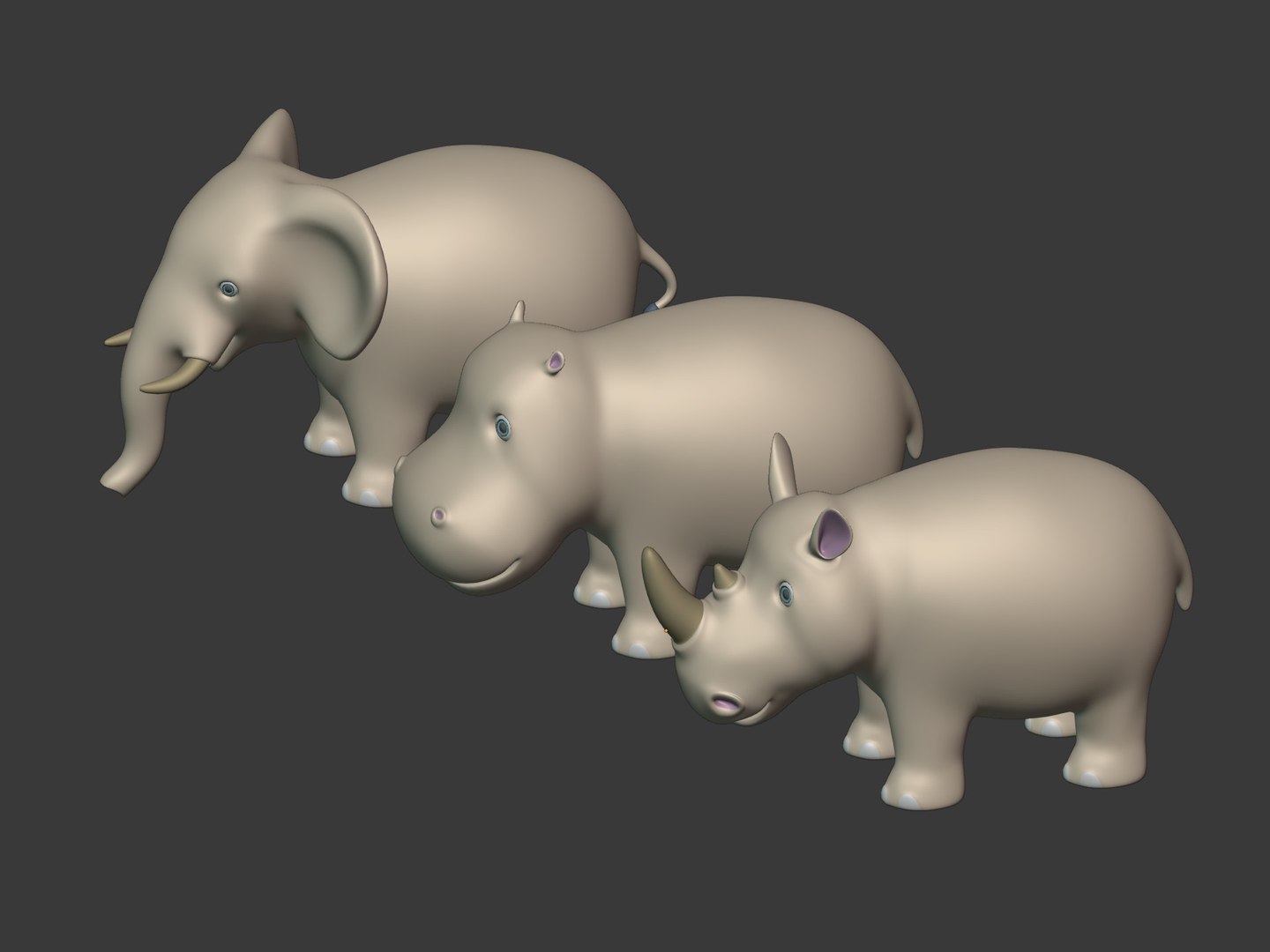 3D Cartoon Animals Pack - Elephant --Rhinoceros -- Hippopotamus ...