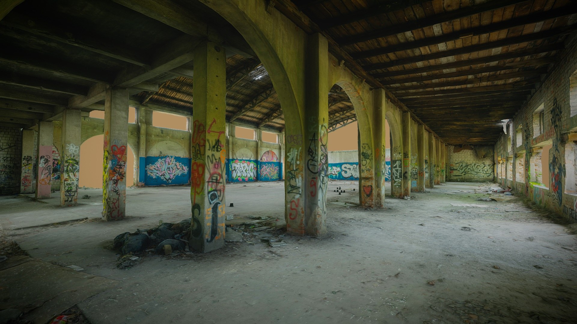 3D The Hall Of An Abandoned Factory With A Wooden Truss And Pillars ...