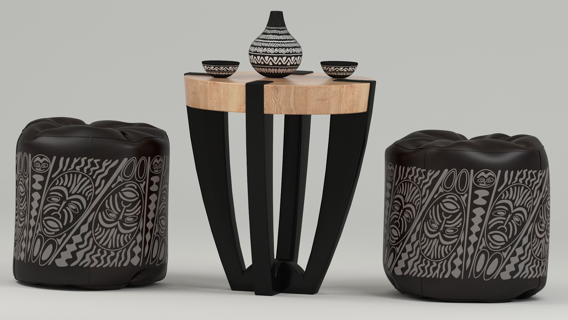 3D High-quality Model Of A Coffee Table With Puffs And Serving ...