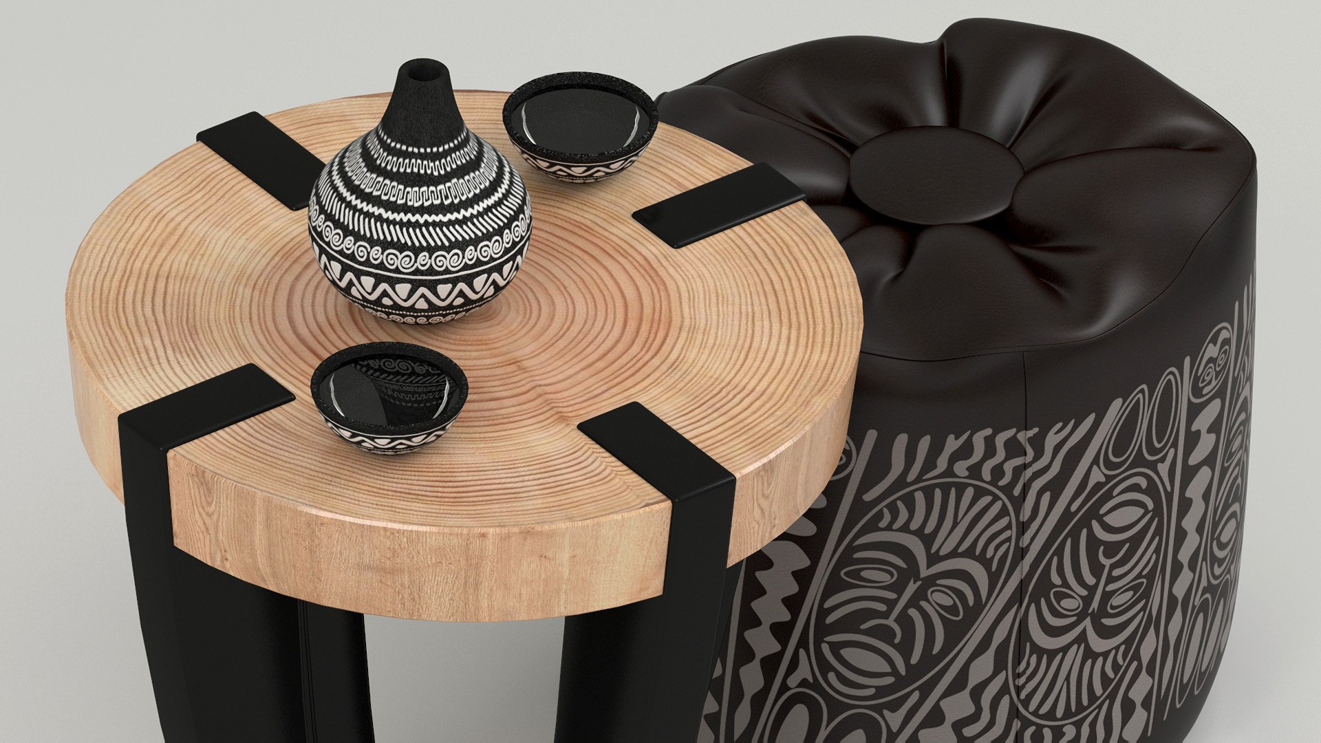 3D High-quality model of a coffee table with puffs and serving ...
