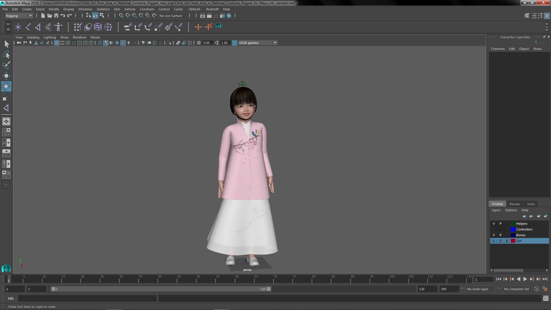 3D Model Child Girl From Asia In National Costume Rigged For Maya ...