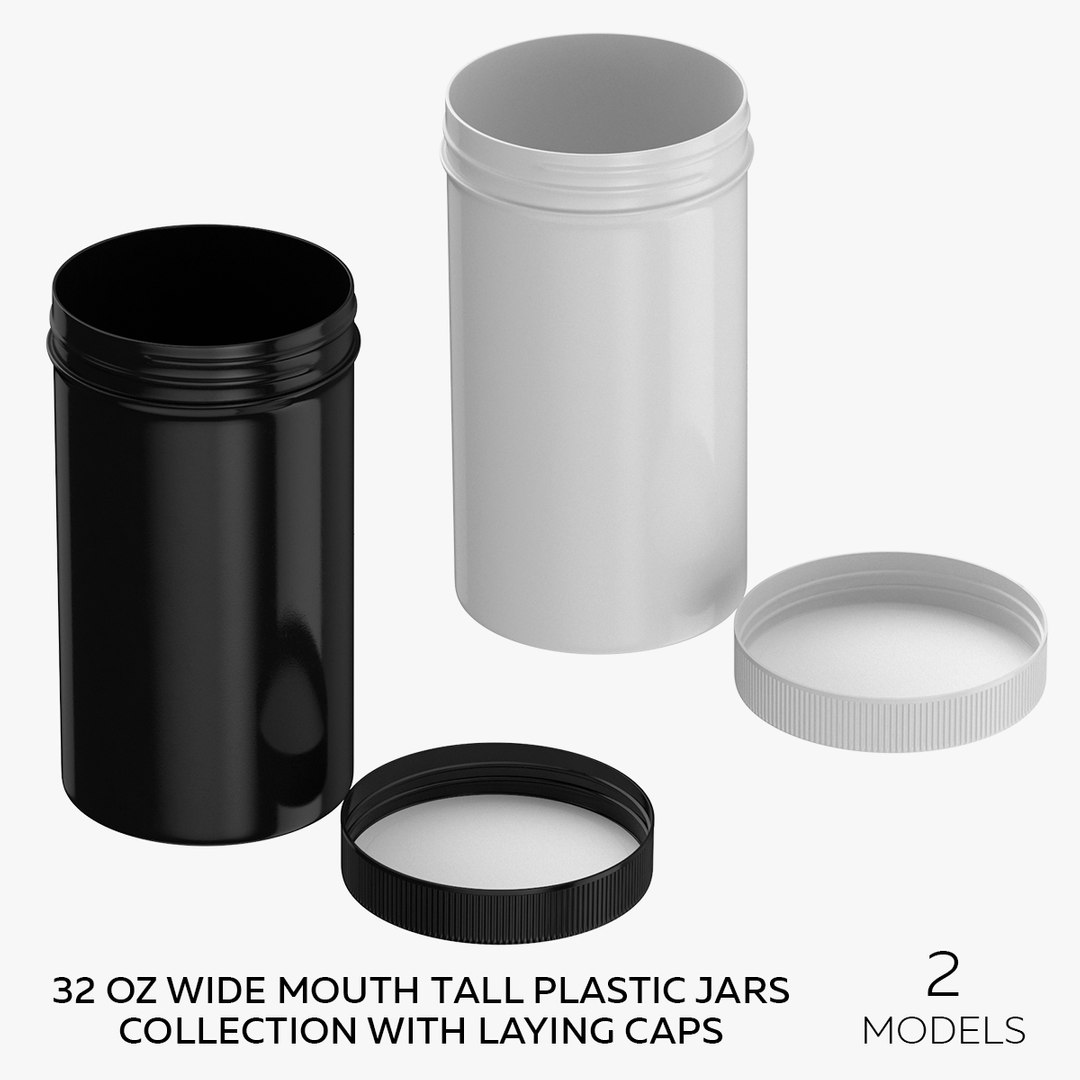 3D Model 32 Oz Wide Mouth Tall Plastic Jars Collection With Laying Caps ...