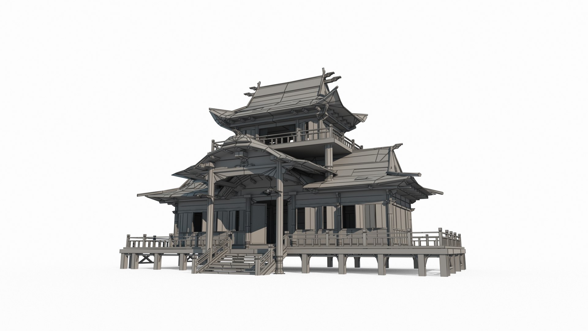 3D Ancient Asian Architecture Thatched Cottage Main Hall Model ...
