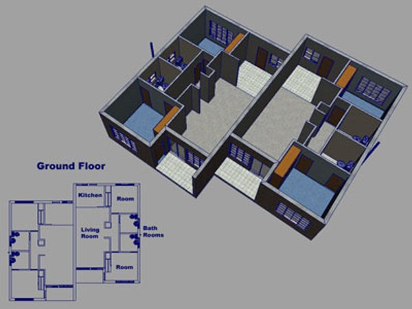free duplex house single story 3d model