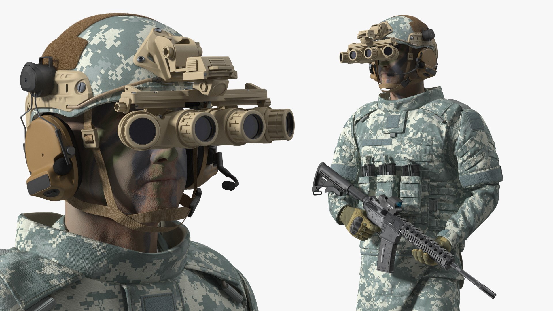 3D Soldier In Night Vision Goggles Grey Camo Standing Fur Model ...