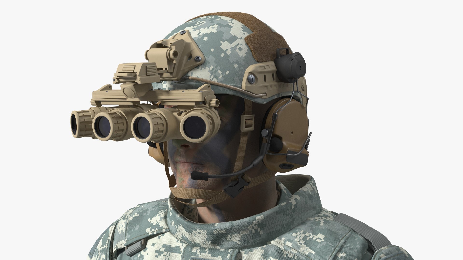 3D Soldier In Night Vision Goggles Grey Camo Standing Fur Model ...