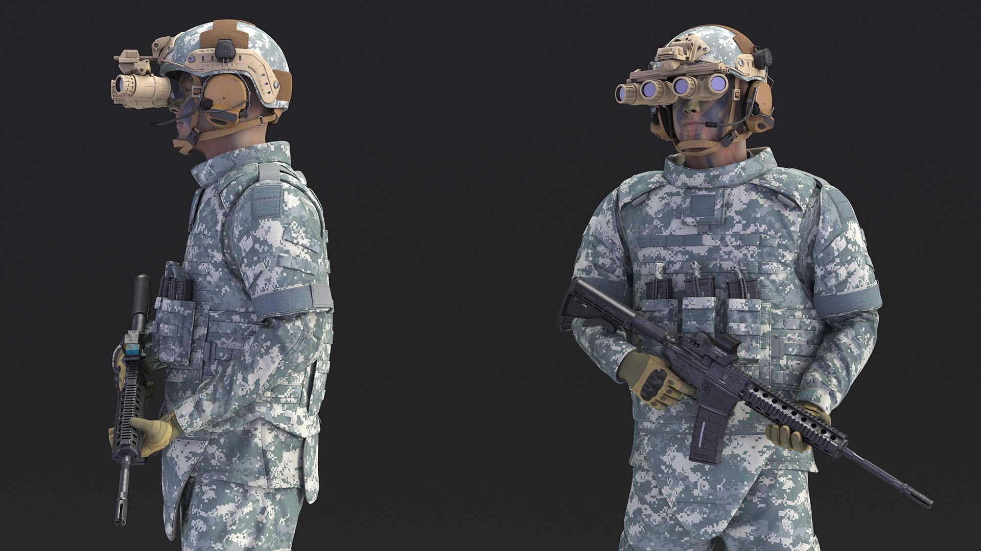 3D Soldier In Night Vision Goggles Grey Camo Standing Fur Model ...